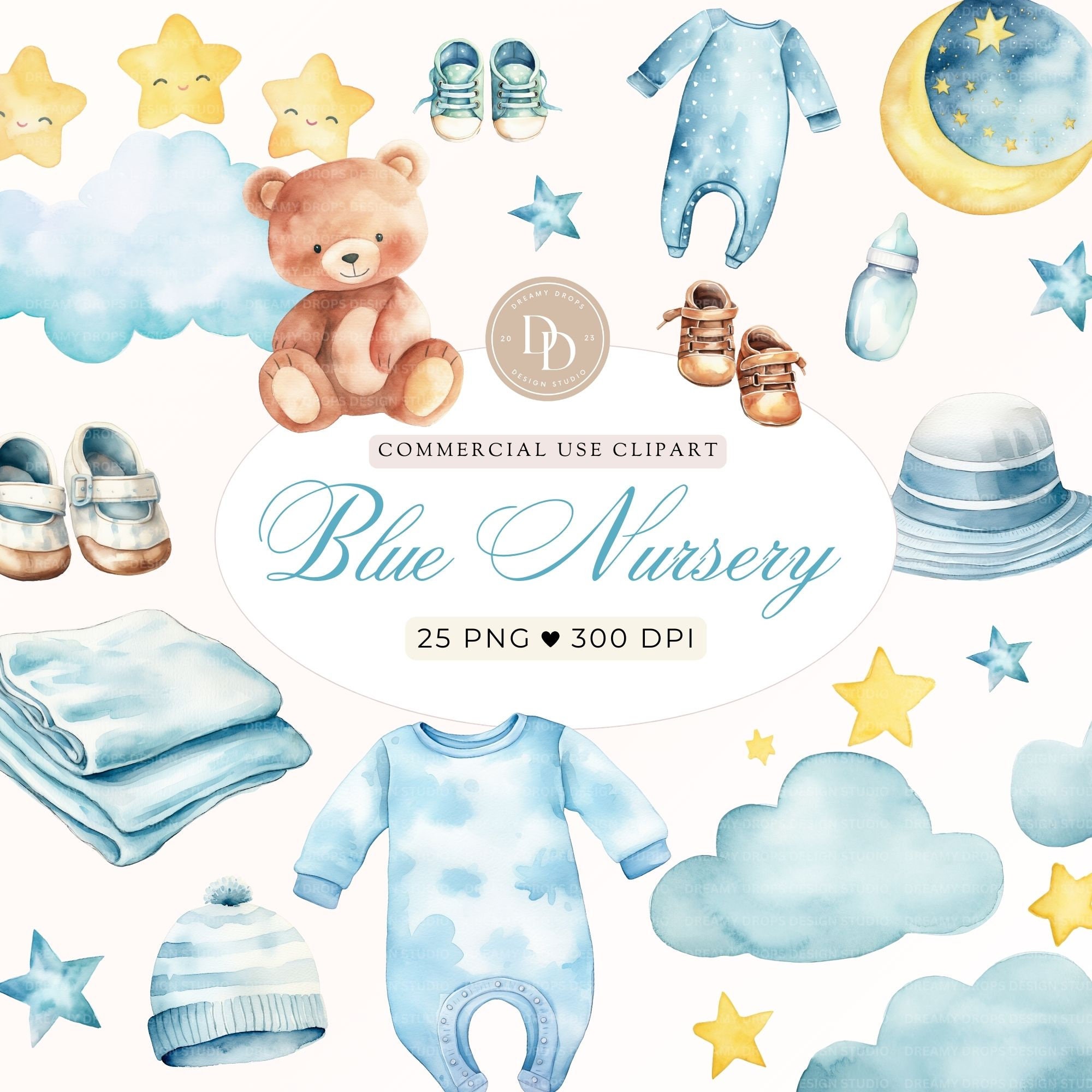 Boho Baby Boy Clipart, Blue Nursery Clipart, Boho Baby Clipart, Teddy ...