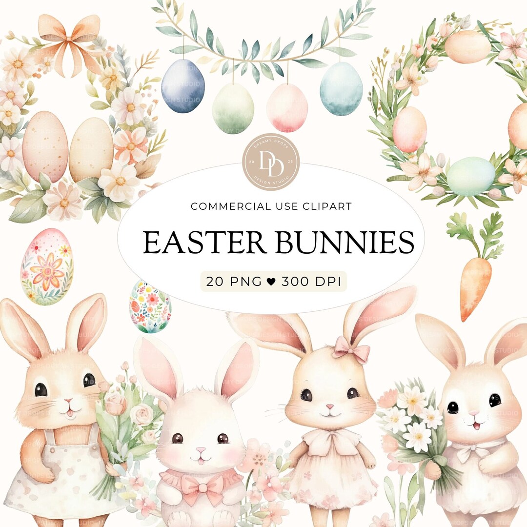 Cute Easter Bunny Clipart Pack, Pastel Watercolor Spring Bunnies, Boho ...