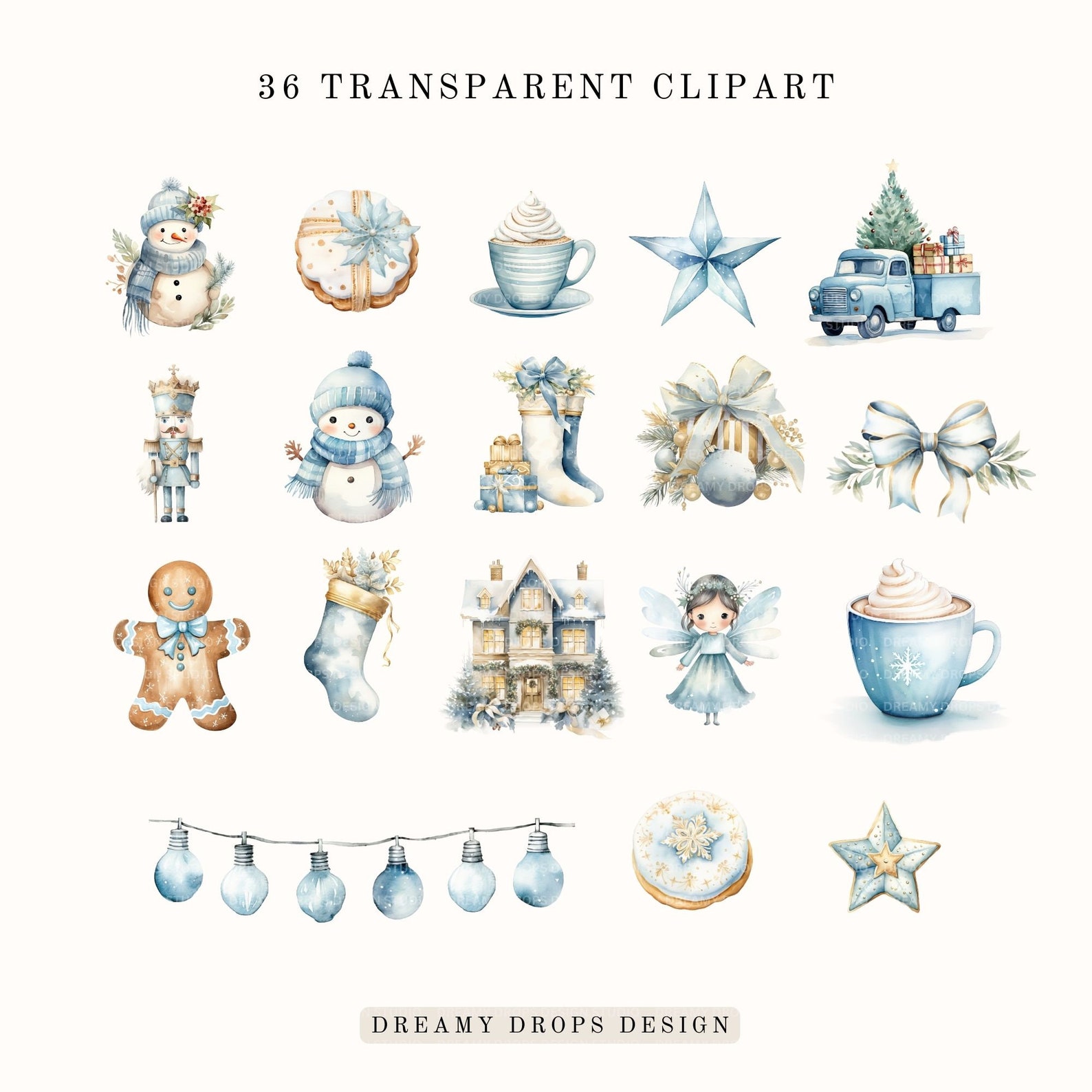 Cozy Christmas Clipart, Hygge Clipart, Blue Christmas, Watercolor ...