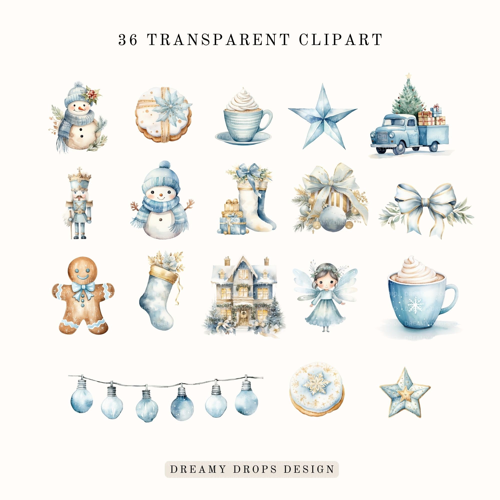 Cozy Christmas Clipart, Hygge Clipart, Blue Christmas, Watercolor ...