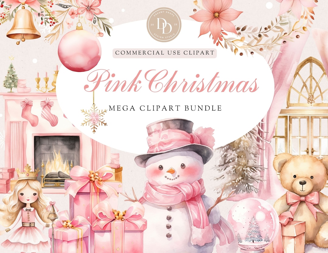 Watercolor Pink Christmas Clipart Bundle, Pink Christmas PNG, Holiday ...