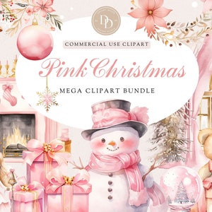 Watercolor Pink Christmas Clipart Bundle, Pink Christmas PNG, Holiday ...