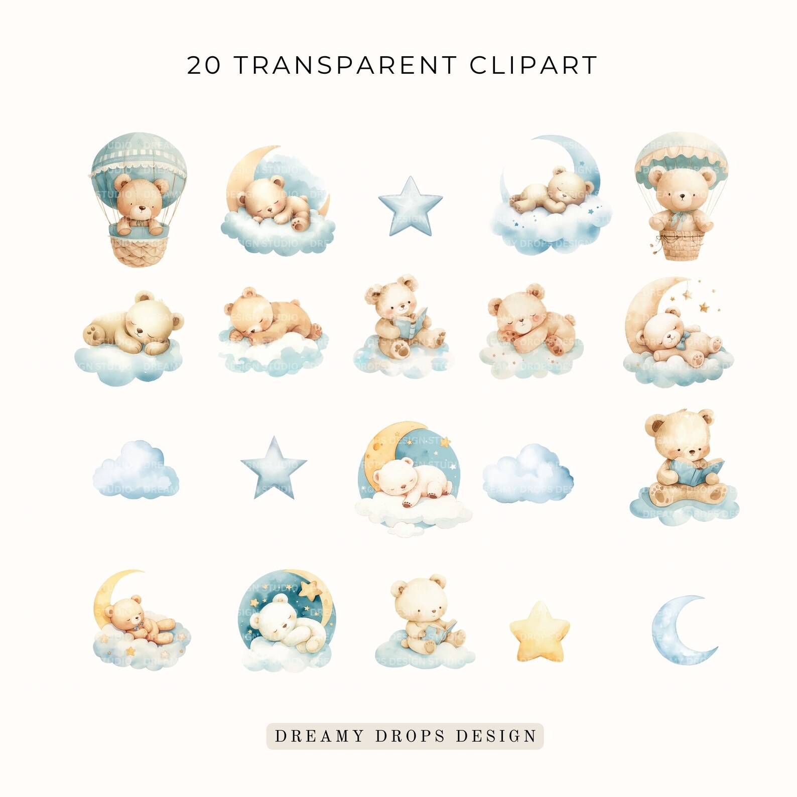 Sleeping Teddy Bears Clipart Pack, Blue Teddy Bear Clipart, Boho Bear ...