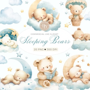 Sleeping Teddy Bears Clipart Pack, Blue Teddy Bear Clipart, Boho Bear ...
