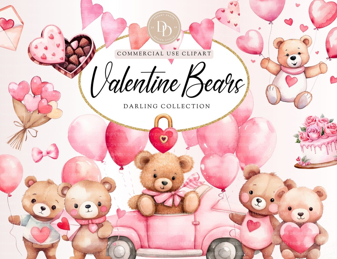 Valentine Bear Clipart Bundle, Teddy Bear Clipart, Sweet Valentines Day ...