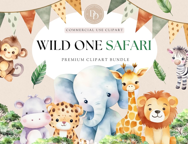 Watercolor Safari Animals Clipart Bundle, Wild One Clipart, Jungle ...