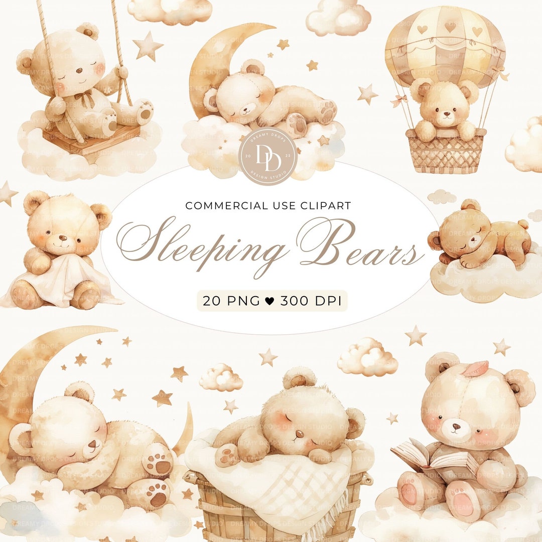 Sleeping Teddy Bears Clipart Pack, Neutral Teddy Bear Clipart, Boho ...