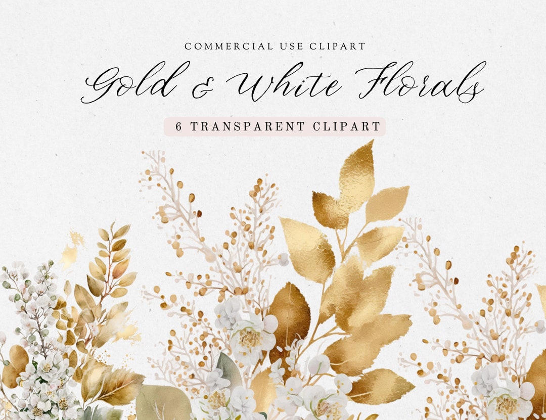 Gold & White Floral Clipart Pack, Wildflower Clipart, Wedding Clipart ...