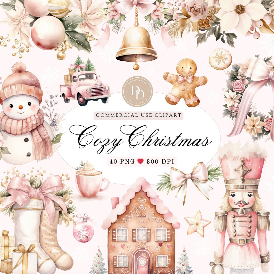 Cozy Christmas Clipart, Hygge Clipart, Pink Christmas, Watercolor ...