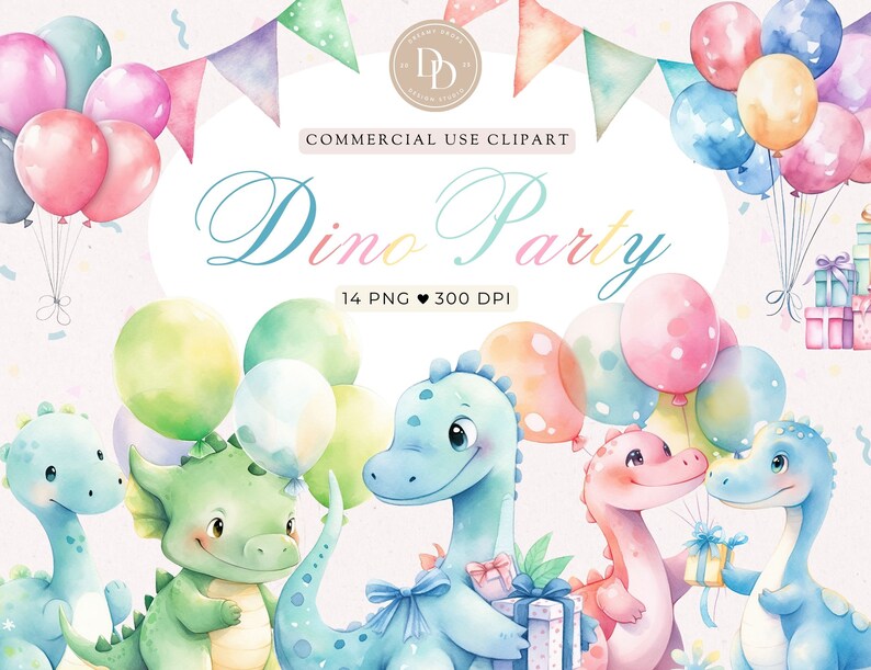 Dinosaur Party Clipart Bundle, Watercolor Dinosaur, Dino Clip Art, Cute ...