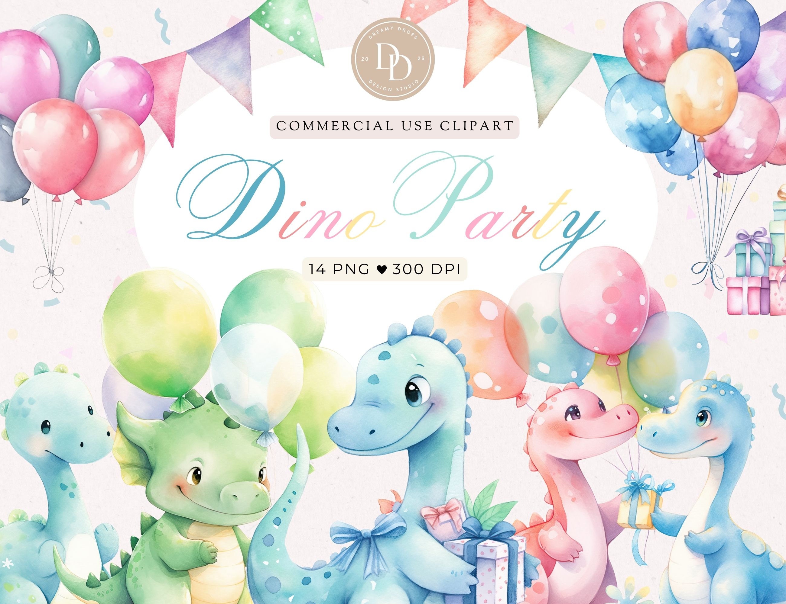 Dinosaur Party Clipart Bundle, Watercolor Dinosaur, Dino Clip Art, Cute ...