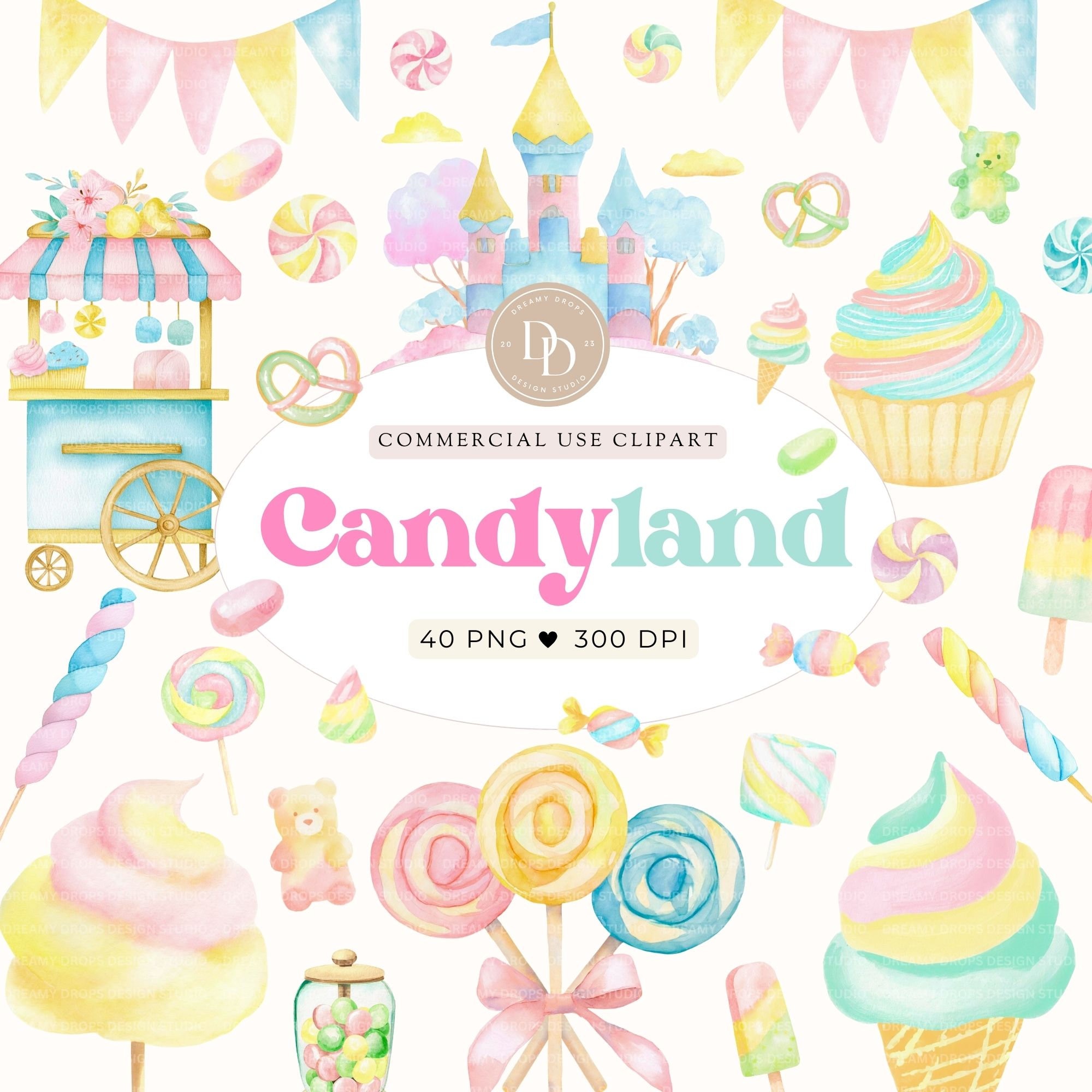 Candyland Clipart Pack, Candy Clipart, Pastel Candy, Watercolor Sweets ...