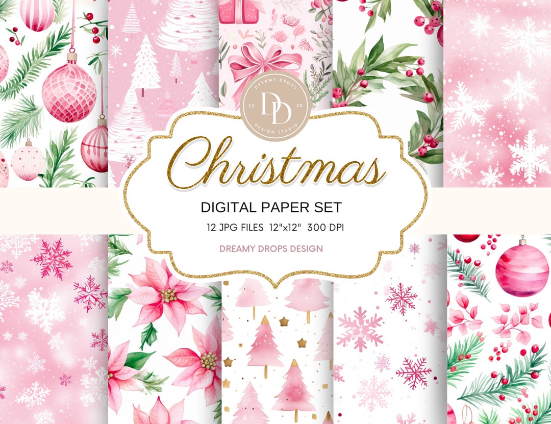 Pink Christmas Digital Papers, Junk Journal, Christmas Patterns, Pastel ...