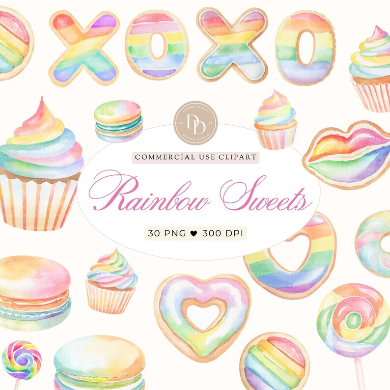 Watercolor Dessert Clipart Pack, Bakery Clipart, Rainbow, Pastel Sweets ...