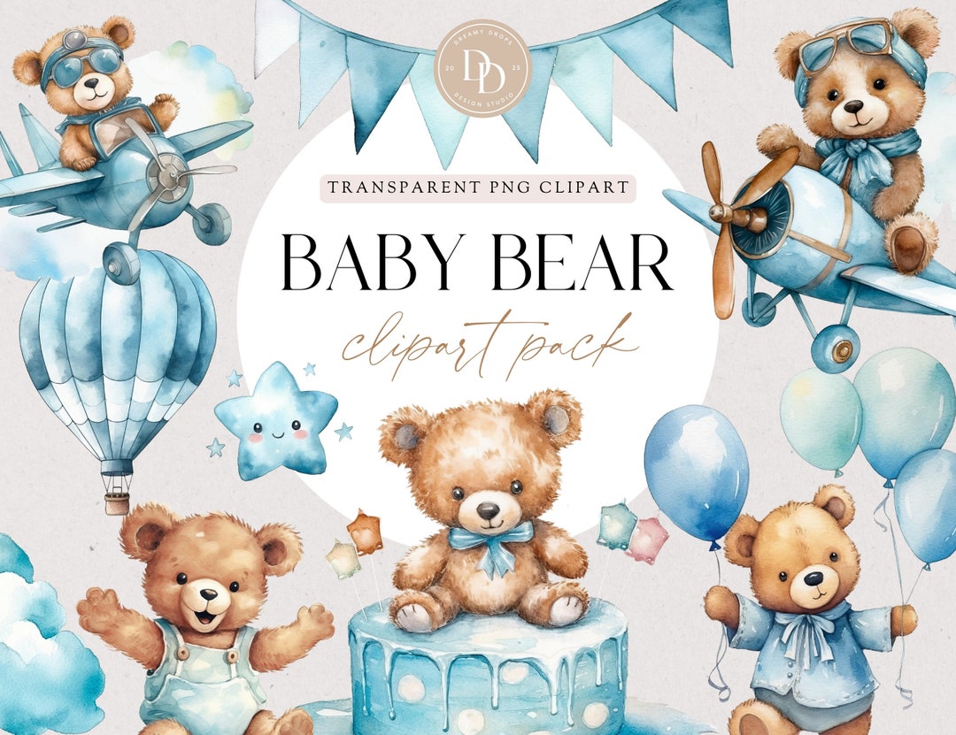 Baby Boy Teddy Bear Clipart Pack, Blue Teddy Bear Clipart, Transparent ...