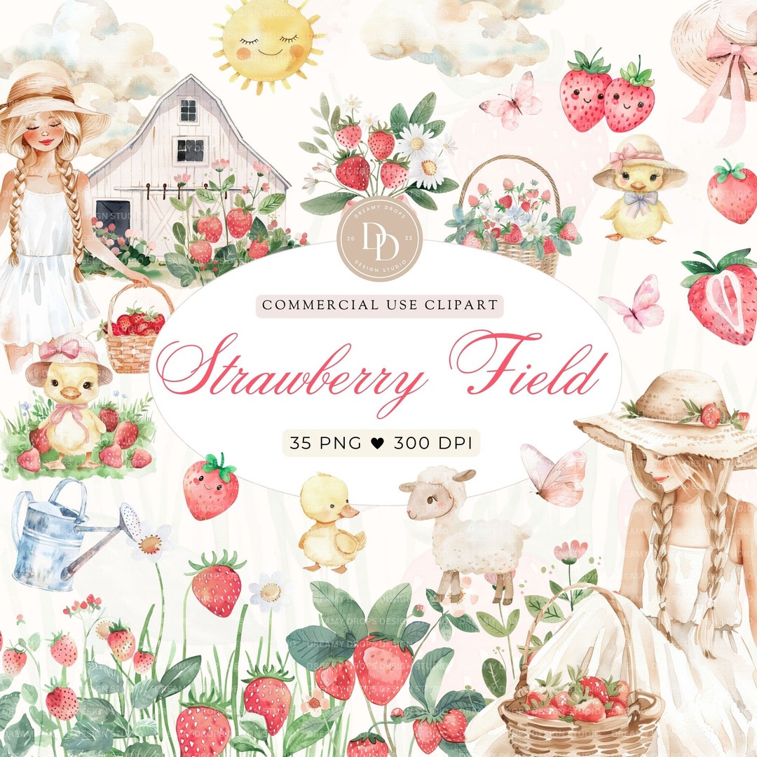 Strawberry Field Clipart Pack, Watercolor Strawberry PNG, Cute ...