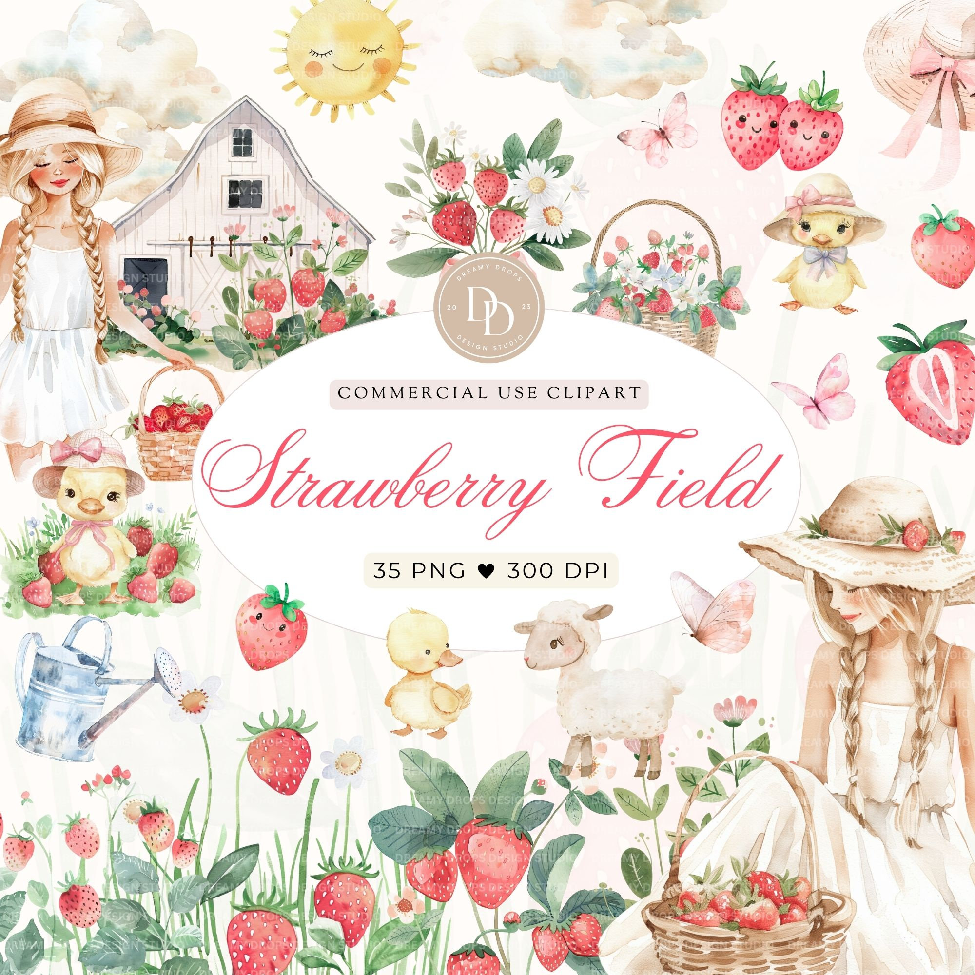 Strawberry Field Clipart Pack, Watercolor Strawberry PNG, Cute ...