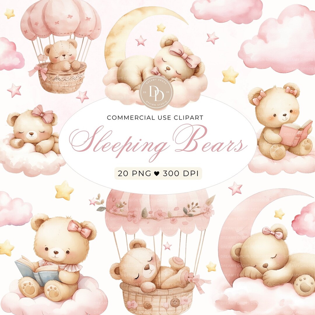 Sleeping Teddy Bears Clipart Pack, Pink Teddy Bear Clipart, Boho Bear ...
