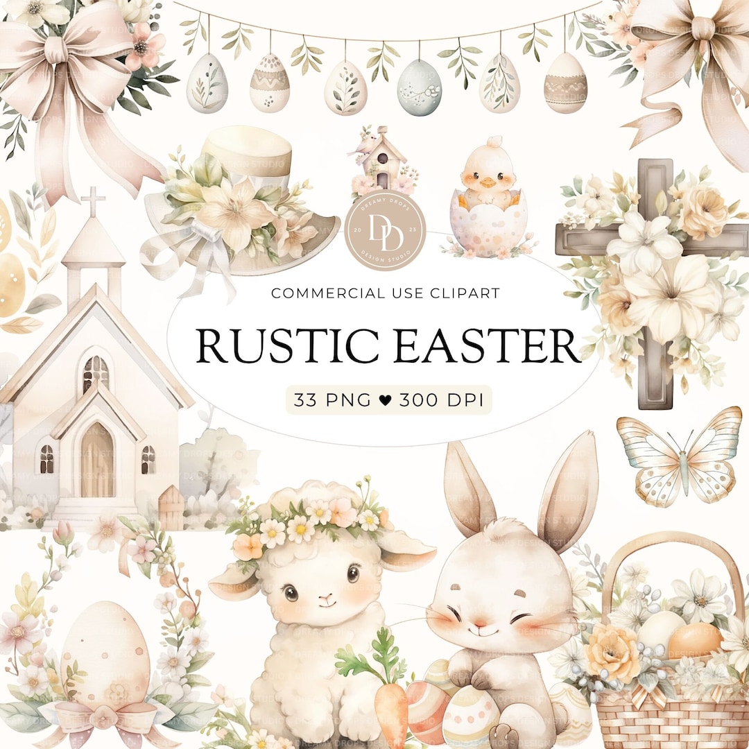 Rustic Easter Clipart Bundle, Cute Easter Bunny Clip Art, Floral ...