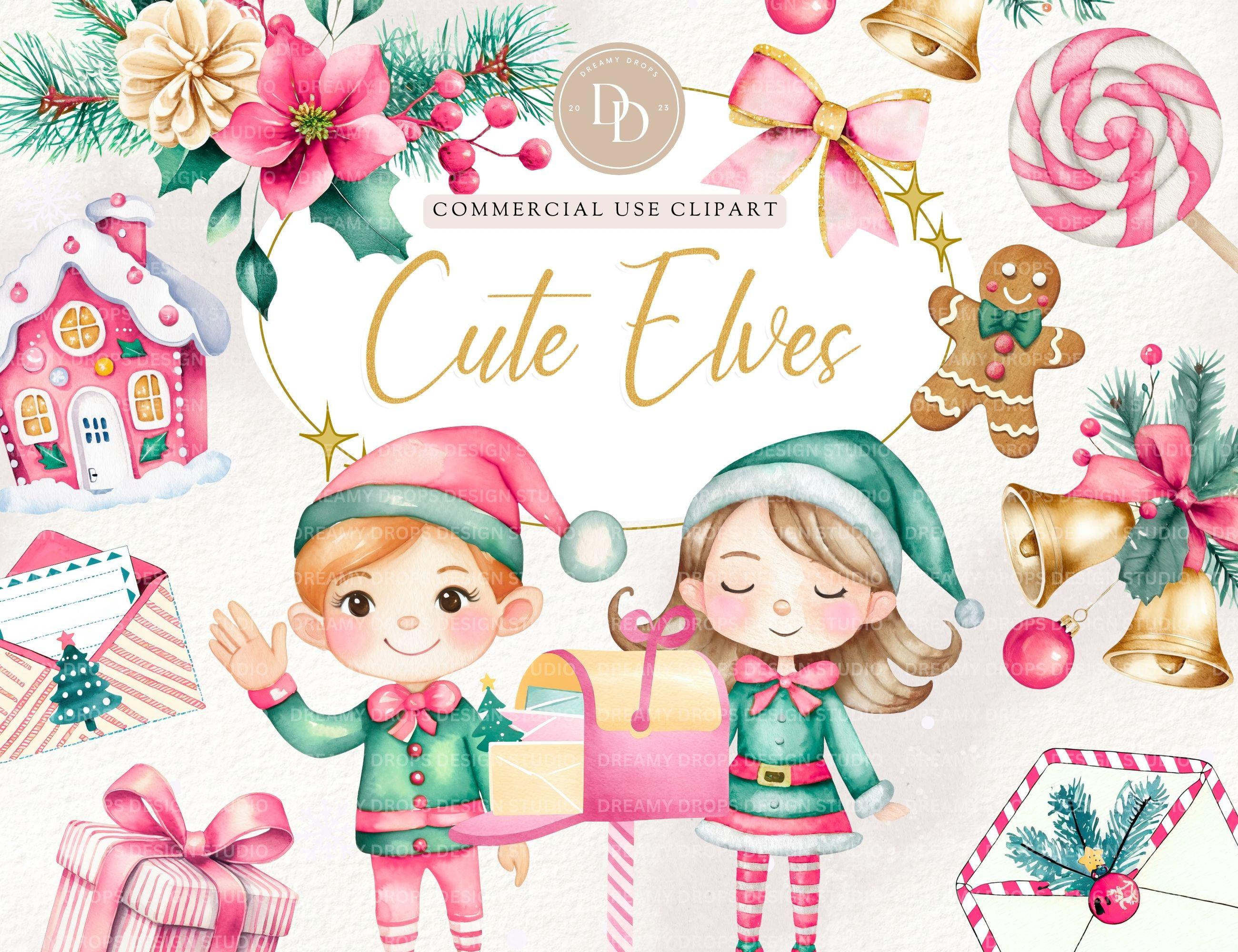 Cute Elf Clipart Bundle, Christmas Elf Watercolor Clipart, Pastel Elves ...