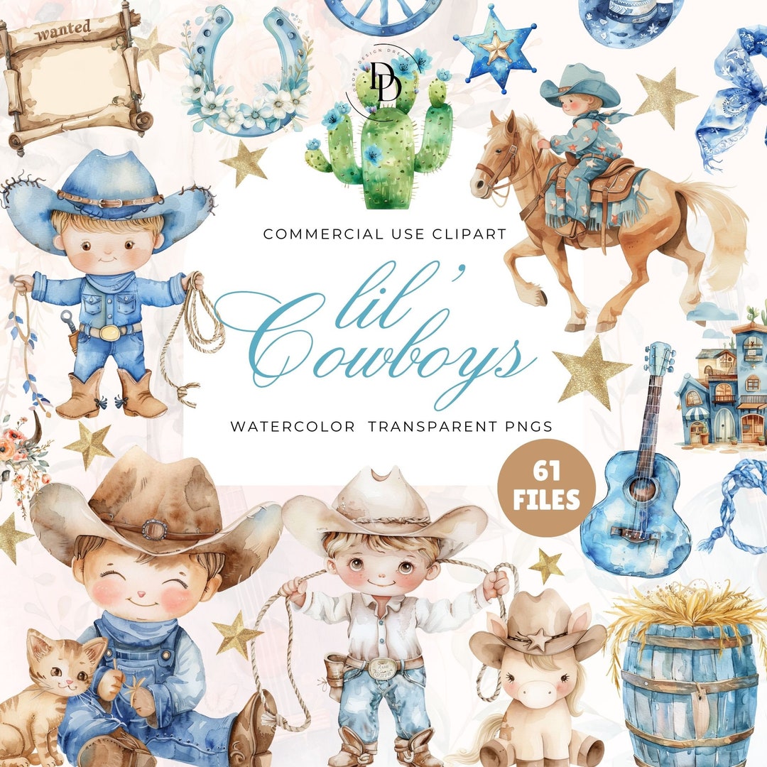 Cowboy Nursery Clipart Bundle, Watercolor Baby Cowboy Clipart, Cute ...