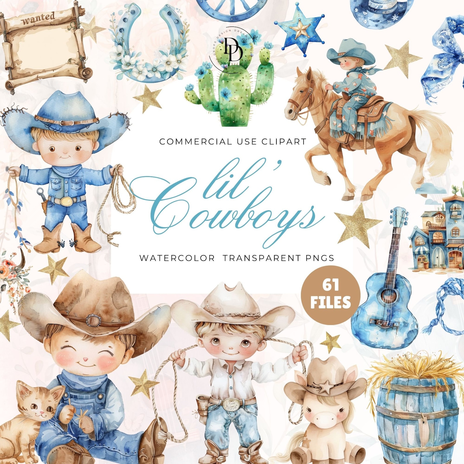 Cowboy Nursery Clipart Bundle, Watercolor Baby Cowboy Clipart, Cute ...