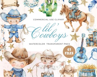 Baby Cowboy Clipart Bundle, Watercolor Clipart, Cute Cowboy Png, Wild ...