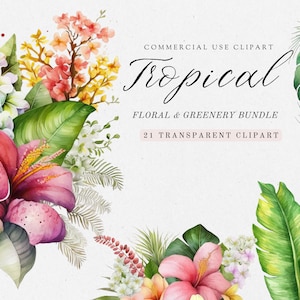 Tropical Flower Clipart Bundle, Watercolor Floral Clipart, Transparent ...