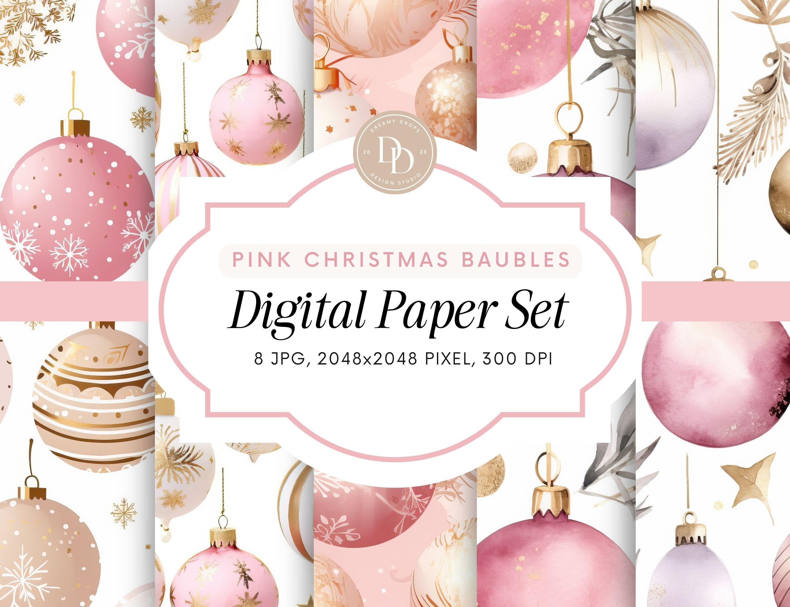 Pink Christmas Digital Paper Pack, Christmas Bauble Digital Paper ...