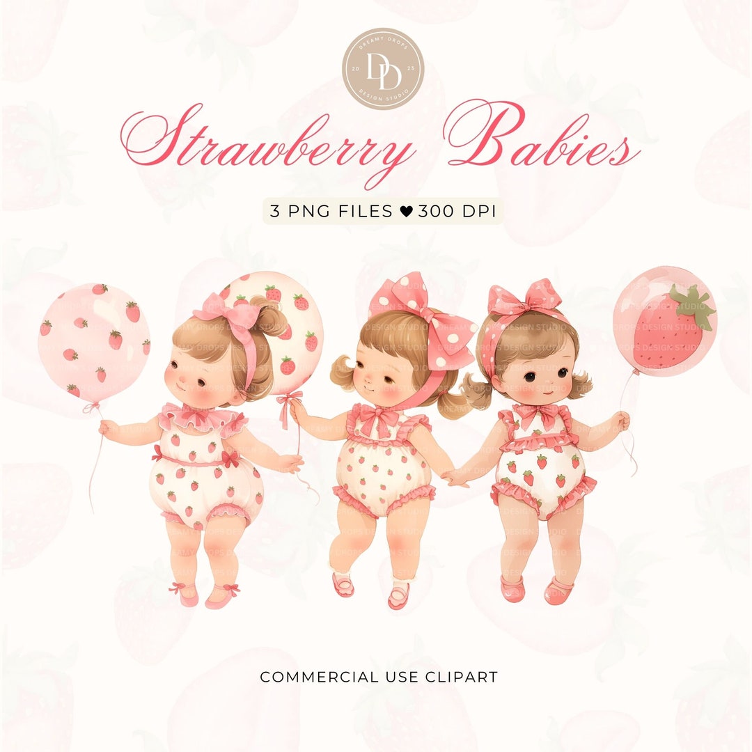 Strawberry Baby Girl Clipart Pack, 3 PNG, Strawberry PNG, Strawberry ...