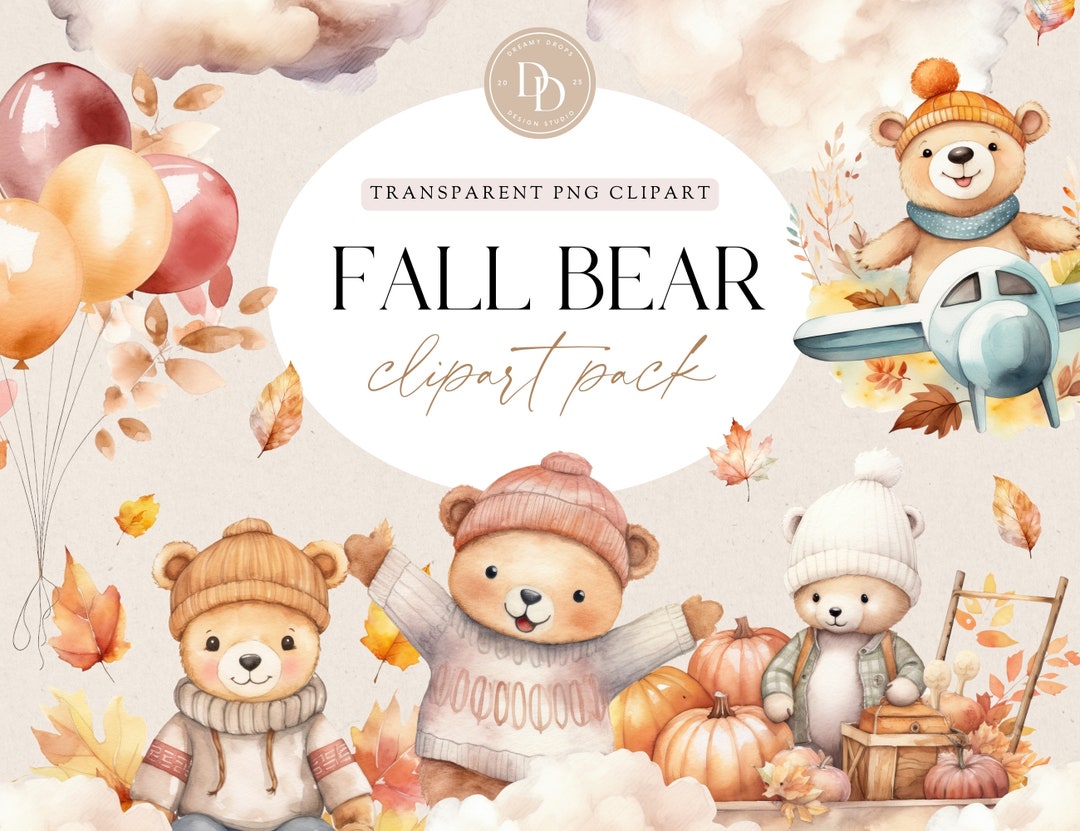 Fall Boy Teddy Bear Clipart Pack, Fall Animal Clipart, Cute Teddy Bear ...