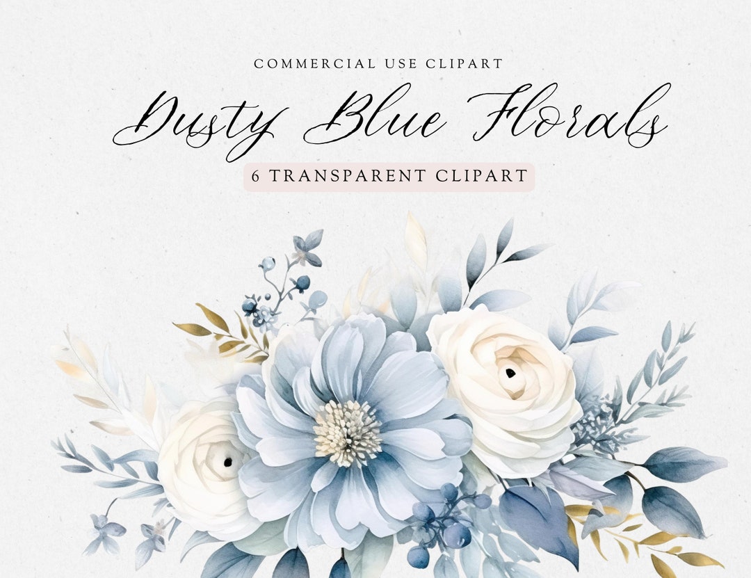 Dusty Blue Floral Clipart Pack, Watercolor Dusty Blue, Clip Art for ...