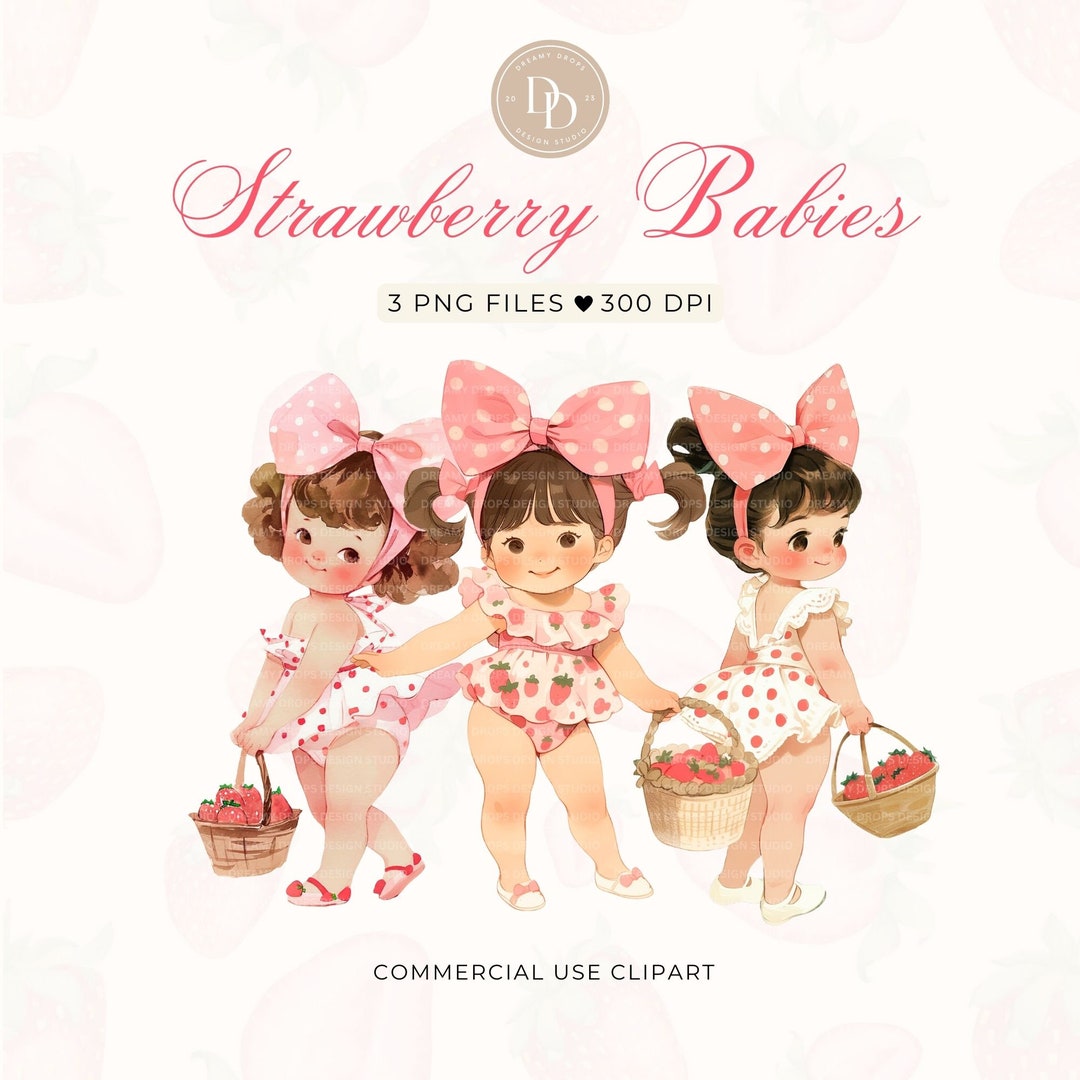 Strawberry Baby Girl Clipart Pack, 3 PNG, Strawberry Baby Shower, Cute ...