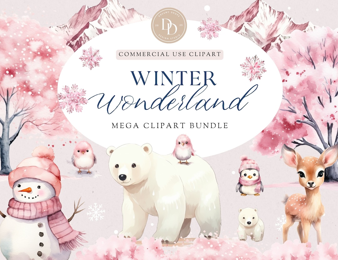 Winter Wonderland Clipart Bundle, Pink Christmas, Polar Bear Clipart ...
