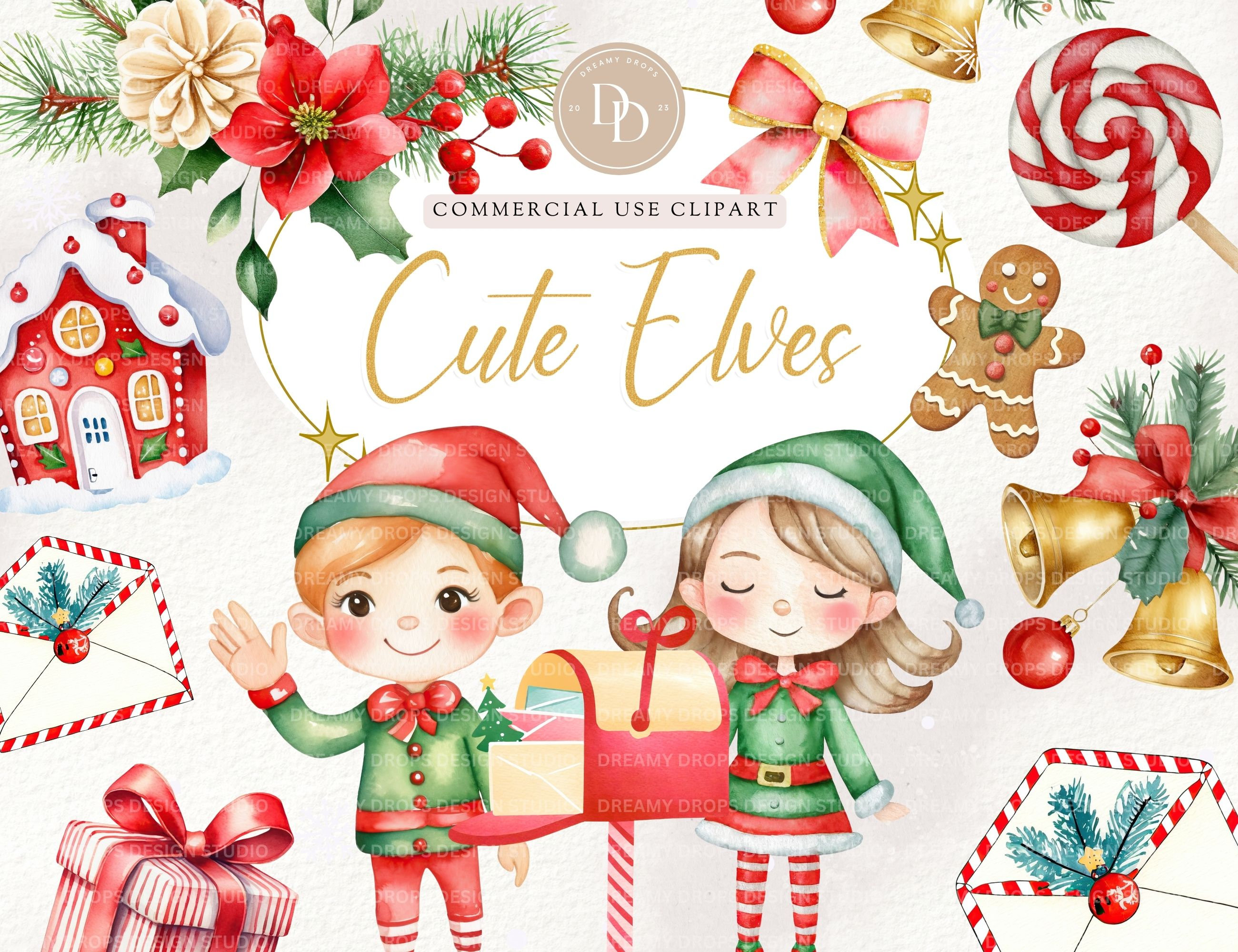 Cute Elf Clipart Bundle, Christmas Elf Watercolor Clipart, Festive ...