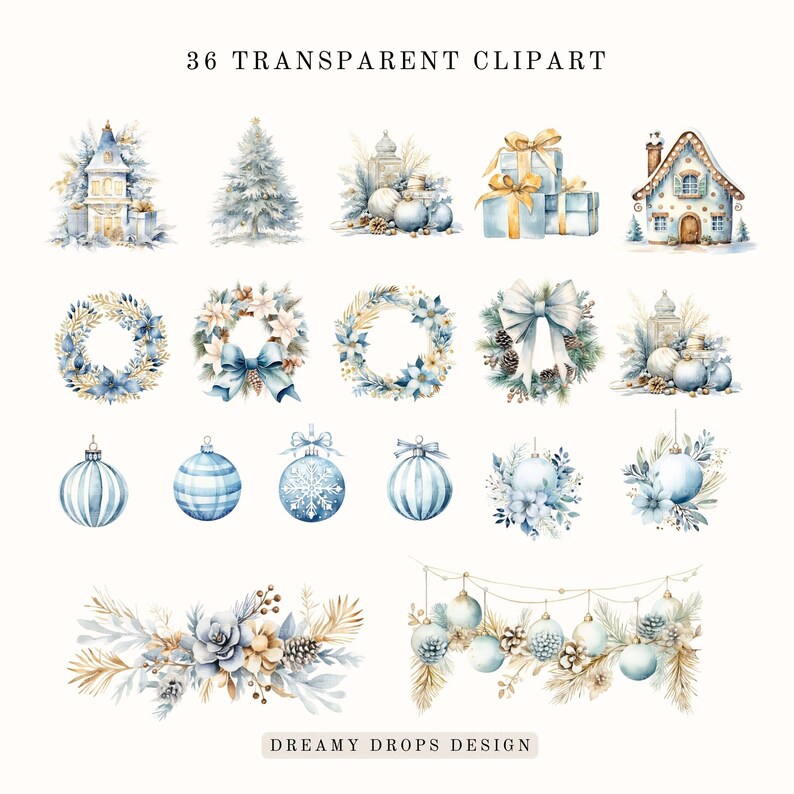 Cozy Christmas Clipart, Hygge Clipart, Blue Christmas, Watercolor ...