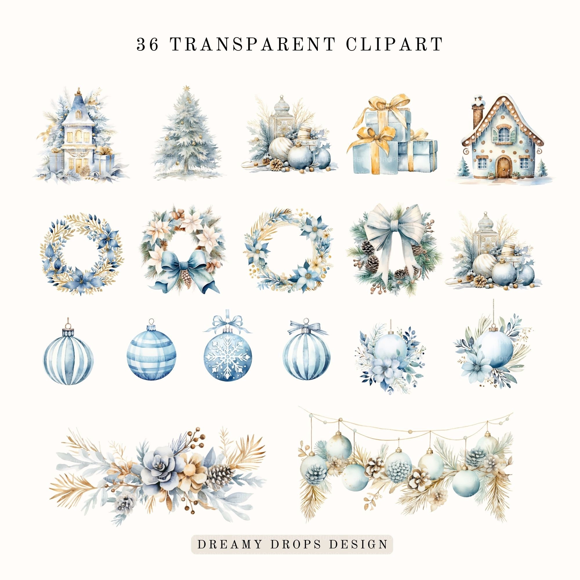 Cozy Christmas Clipart, Hygge Clipart, Blue Christmas, Watercolor ...