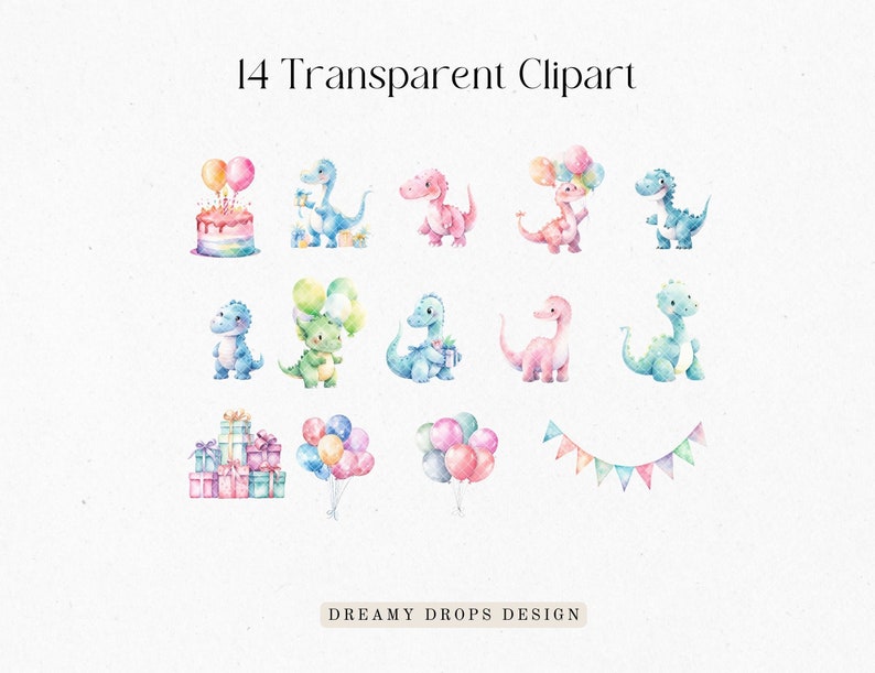 Dinosaur Party Clipart Bundle, Watercolor Dinosaur, Dino Clip Art, Cute ...