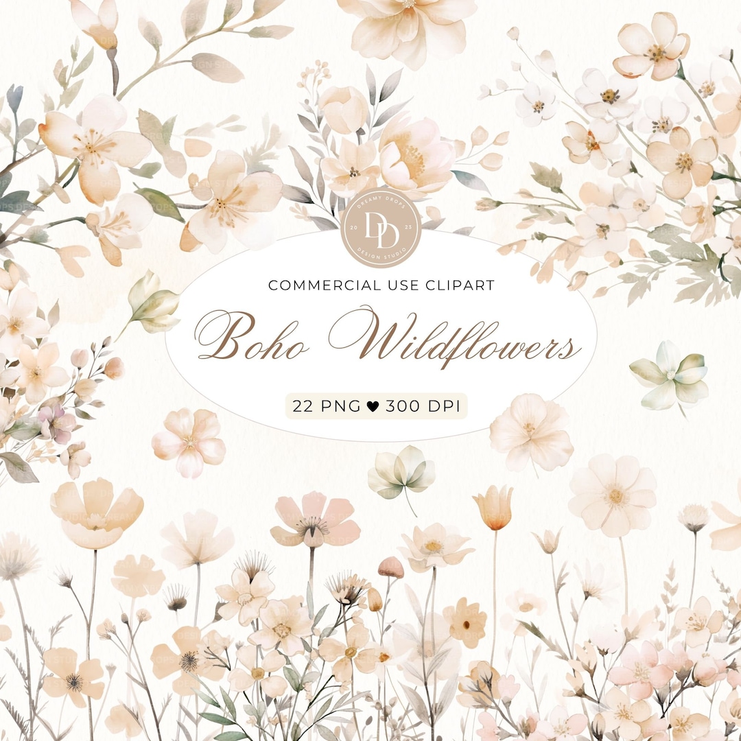 Boho Wildflower Clipart Pack, Watercolor Meadow Flowers Clipart, Boho ...