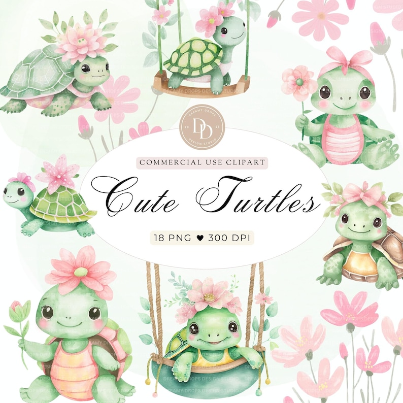 Baby Turtle With Flowers Clipart Bundle, Watercolor Sea Turtle Clipart ...