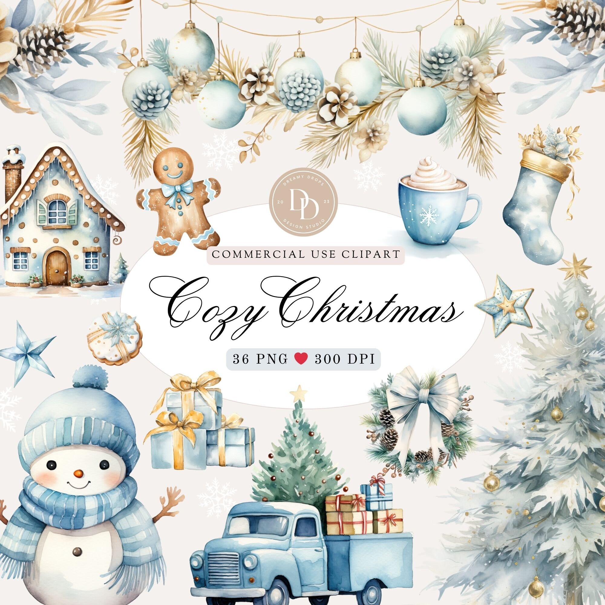 Cozy Christmas Clipart, Hygge Clipart, Blue Christmas, Watercolor ...