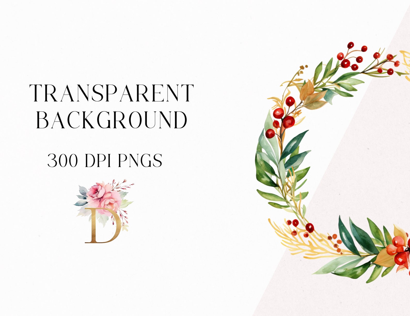 Christmas Holly Clipart Pack, Holly Wreath Clipart, Winter Greenery ...