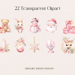 Watercolor Pink Christmas Clipart Bundle, Pink Christmas PNG, Holiday ...