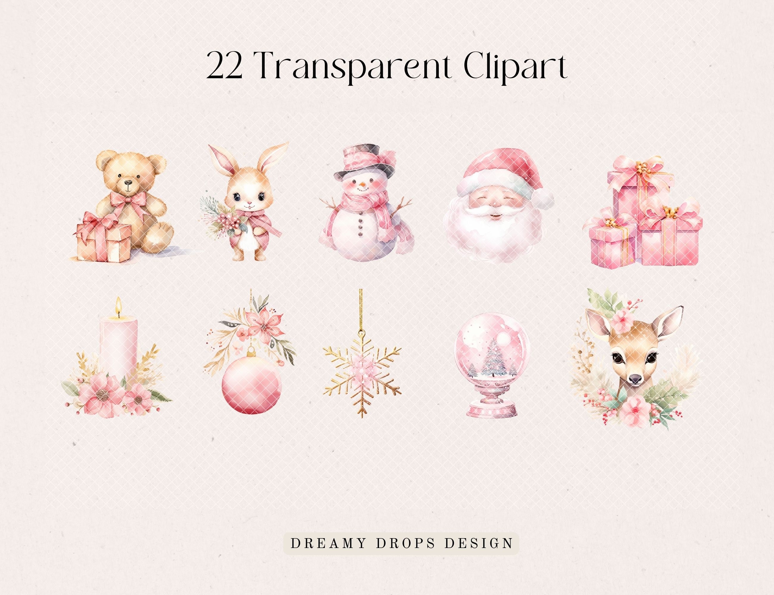 Watercolor Pink Christmas Clipart Bundle, Pink Christmas PNG, Holiday ...