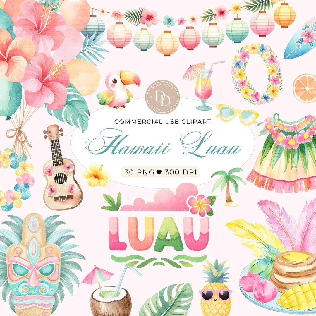 Luau Clipart Pack, Watercolor Hawaii Clipart, Tropical Clipart ...