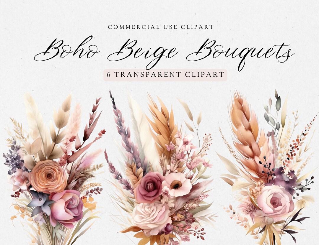Boho Floral Clipart Pack, Pampas Clipart, Boho Clipart Bundle, Clip Art ...