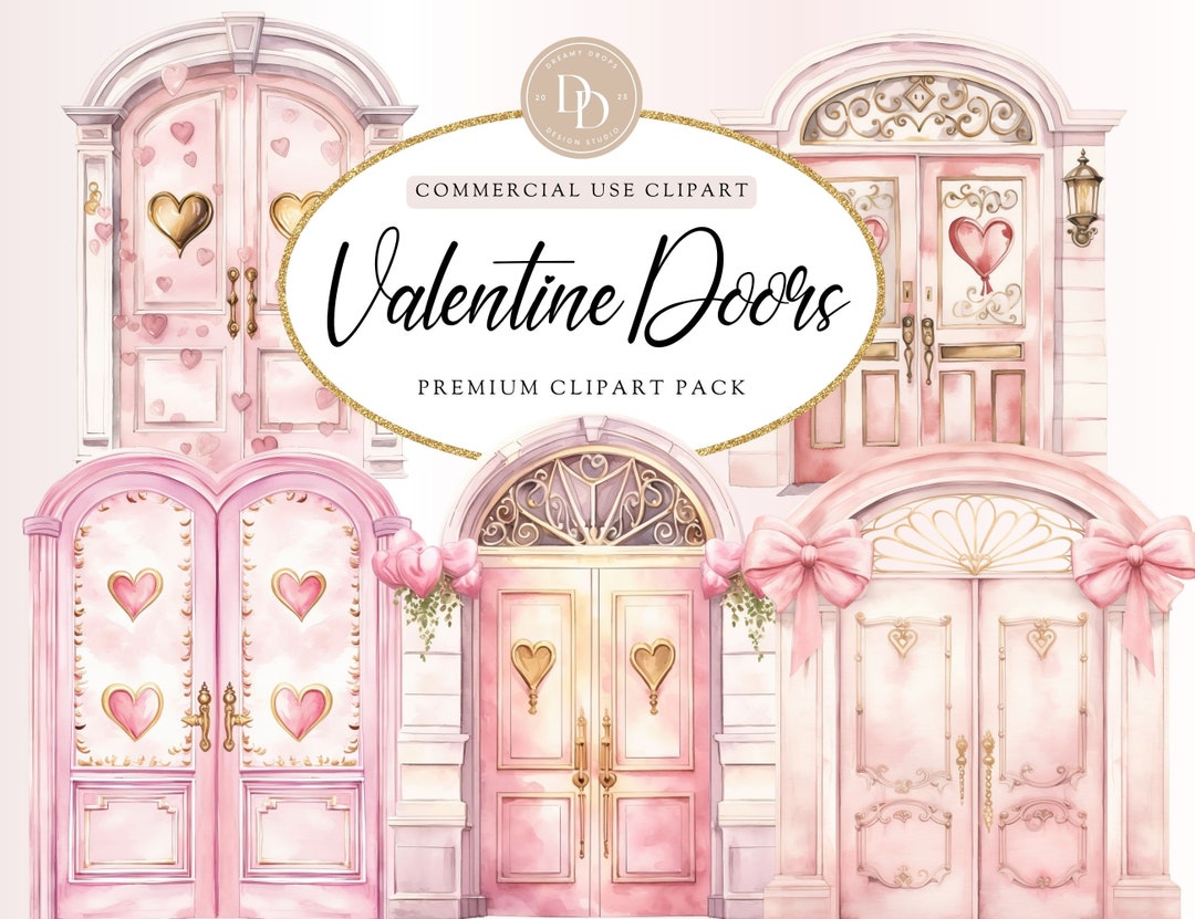 Valentine Front Door Clipart Pack, Pink Door Clipart, Valentine's Day ...