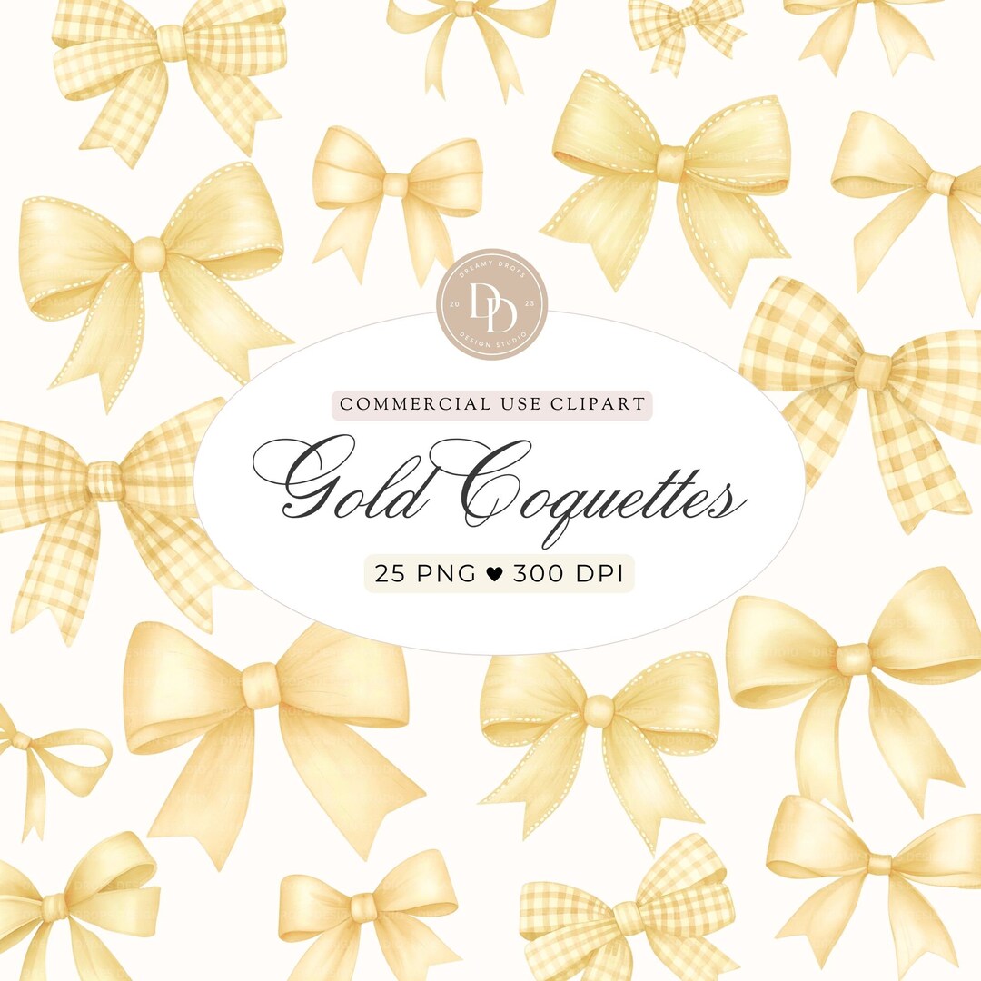 Gold Coquette Clipart Pack, Gold Bows PNG, Yellow Bows PNG, Coquette ...