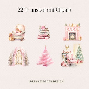 Watercolor Pink Christmas Clipart Bundle, Pink Christmas PNG, Holiday ...