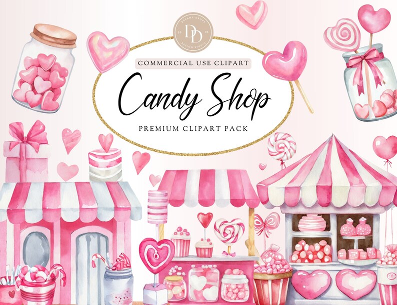 Valentine Candy Shop Clipart Pack, Sweet Clipart, Pink Candy Shop PNG ...